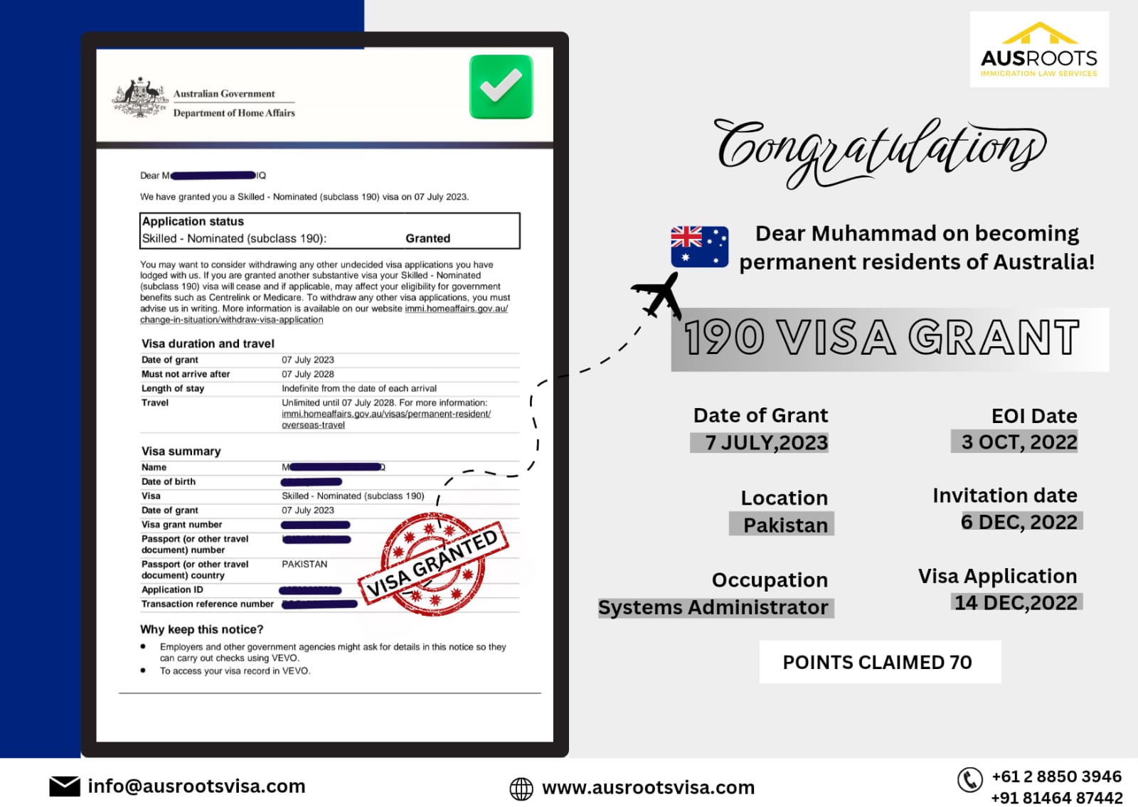 OFFSHORE PR GRANT AUSTRALIA SKILLED (NOMINATED) 190 VISA - Ausroots VISA