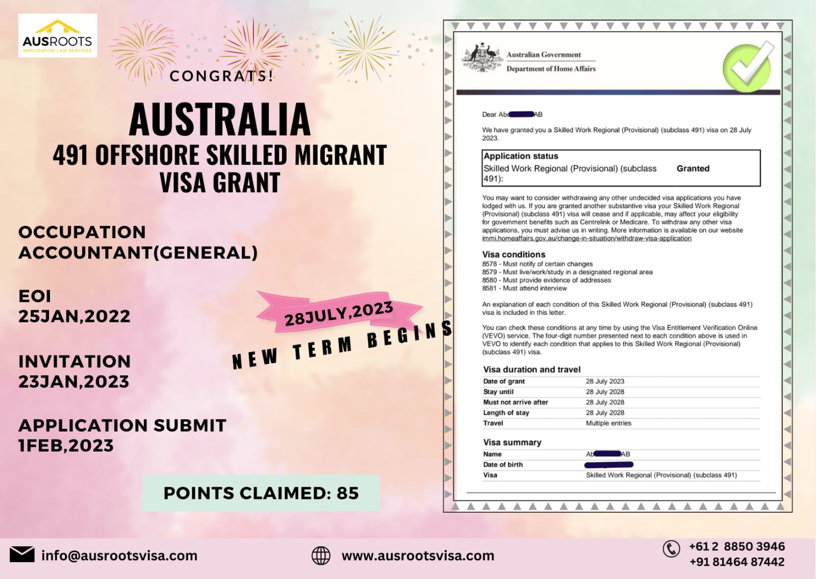 AUSTRALIA 491 OFFSHORE SKILLED MIGRANT VISA GRANT TO ACCOUNTANT - Ausroots VISA
