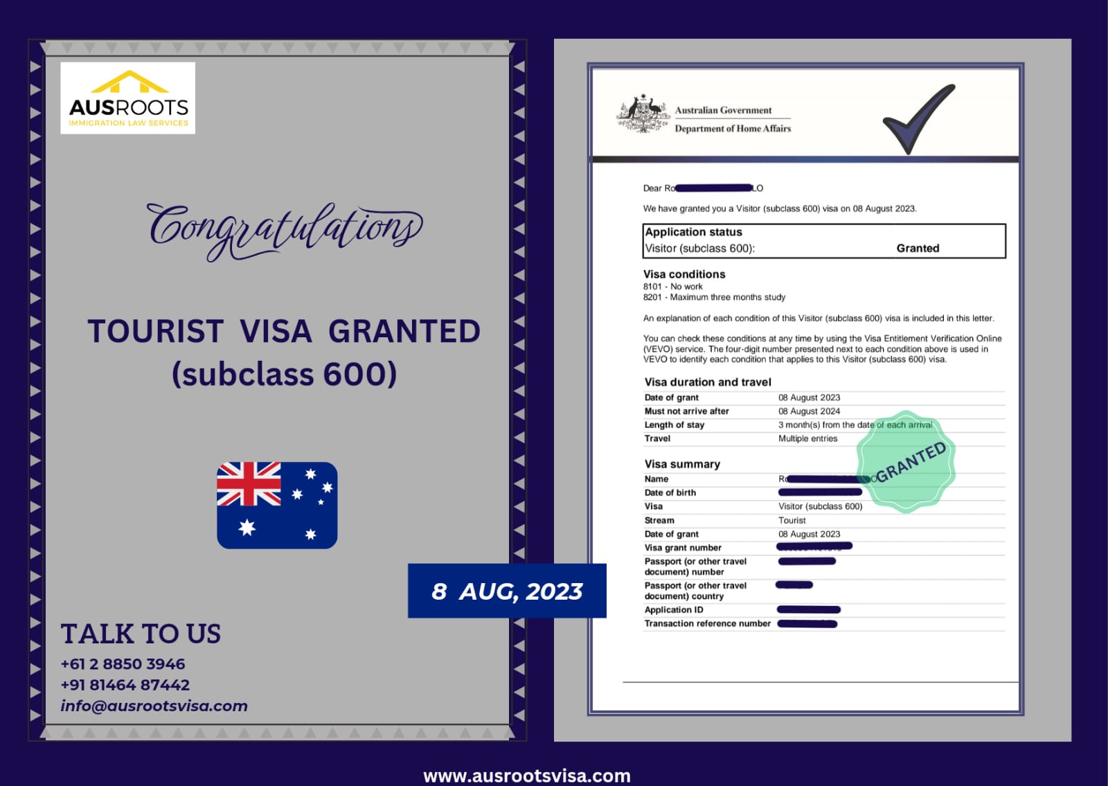 TOURIST VISA GRANT AUSTRALIA (SUBCLASS 600) - Ausroots VISA
