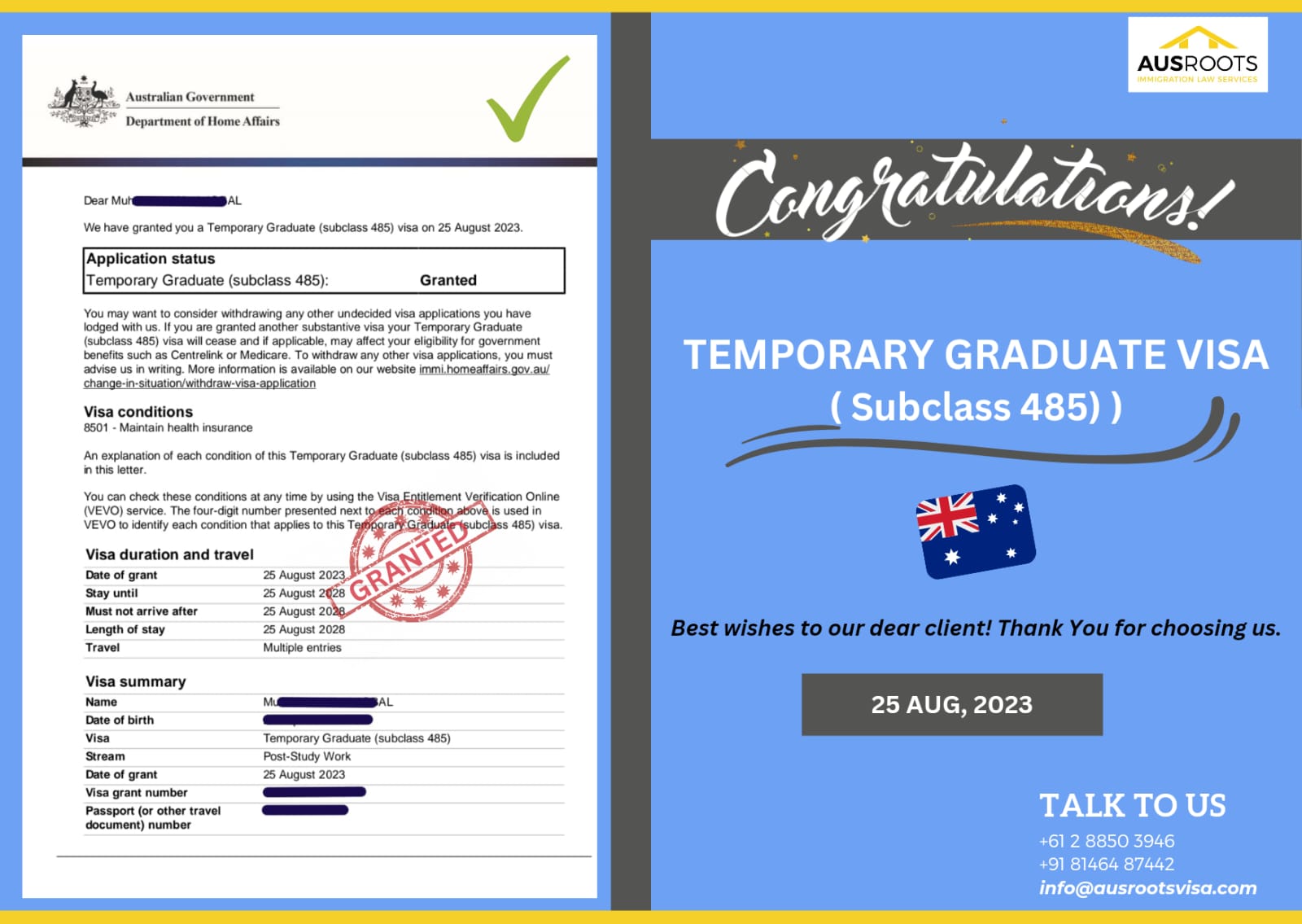 TEMPORARY GRADUATE subclass 485 VISA GRANTED Ausroots VISA TEMPORARY GRADUATE subclass 485 VISA GRANTED Ausroots VISA