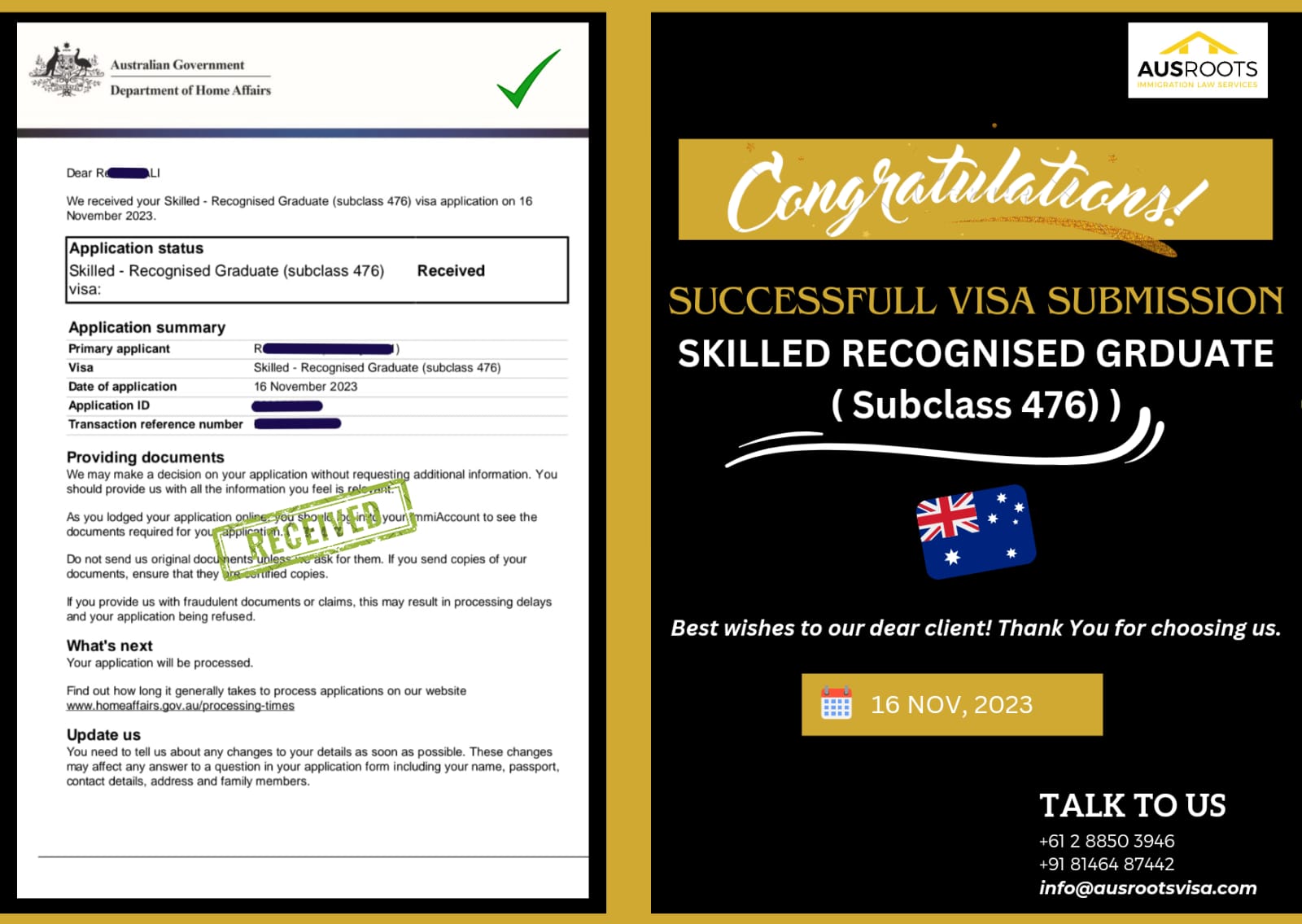 SUCCESSFULL SUBMISSION SKILLED-RECOGNISED GRADUATE VISA SUBCLASS 476 ...