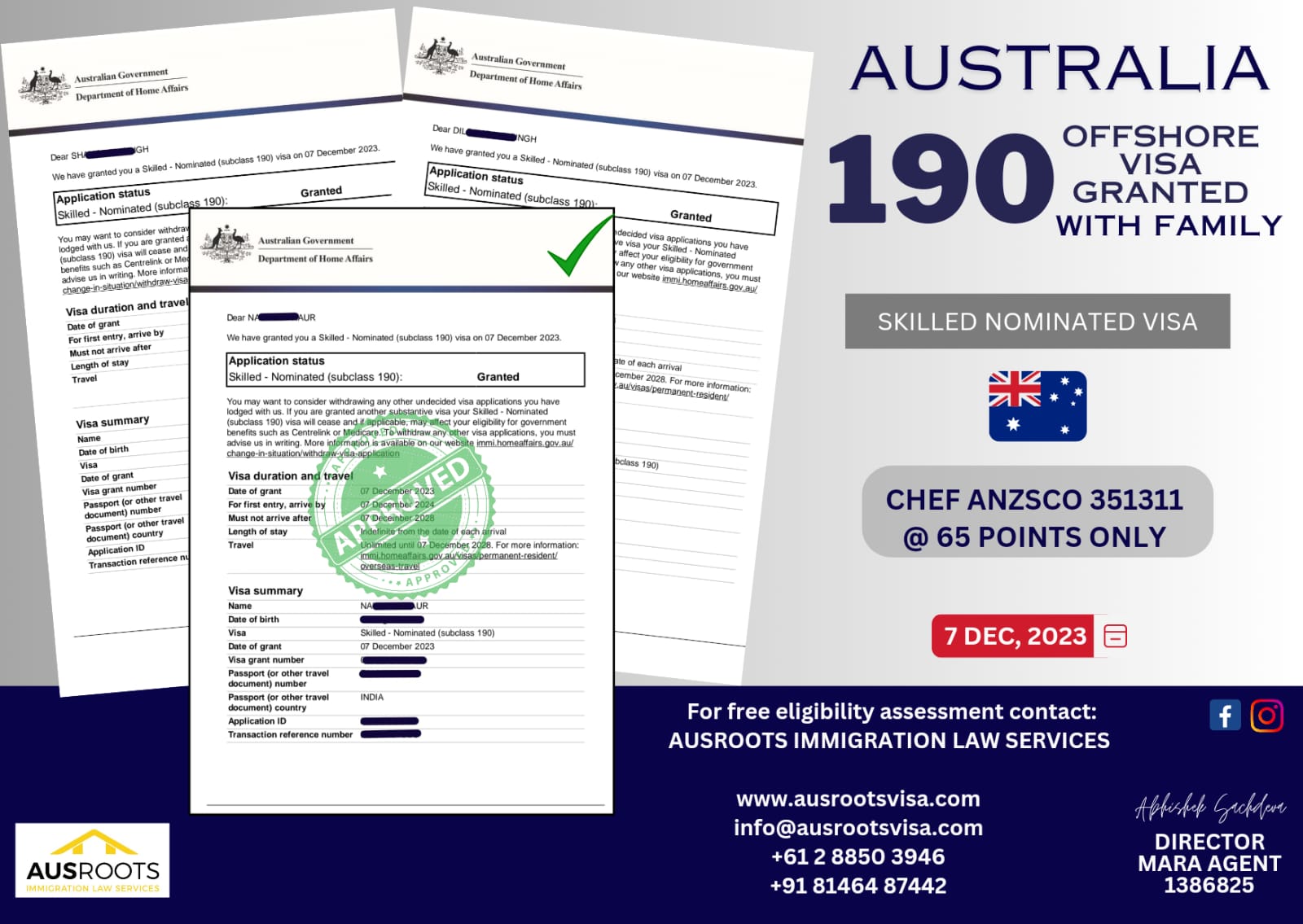 SKILLED NOMINATED SUBCLASS 190 OFFSHORE VISA GRANTED - Ausroots VISA