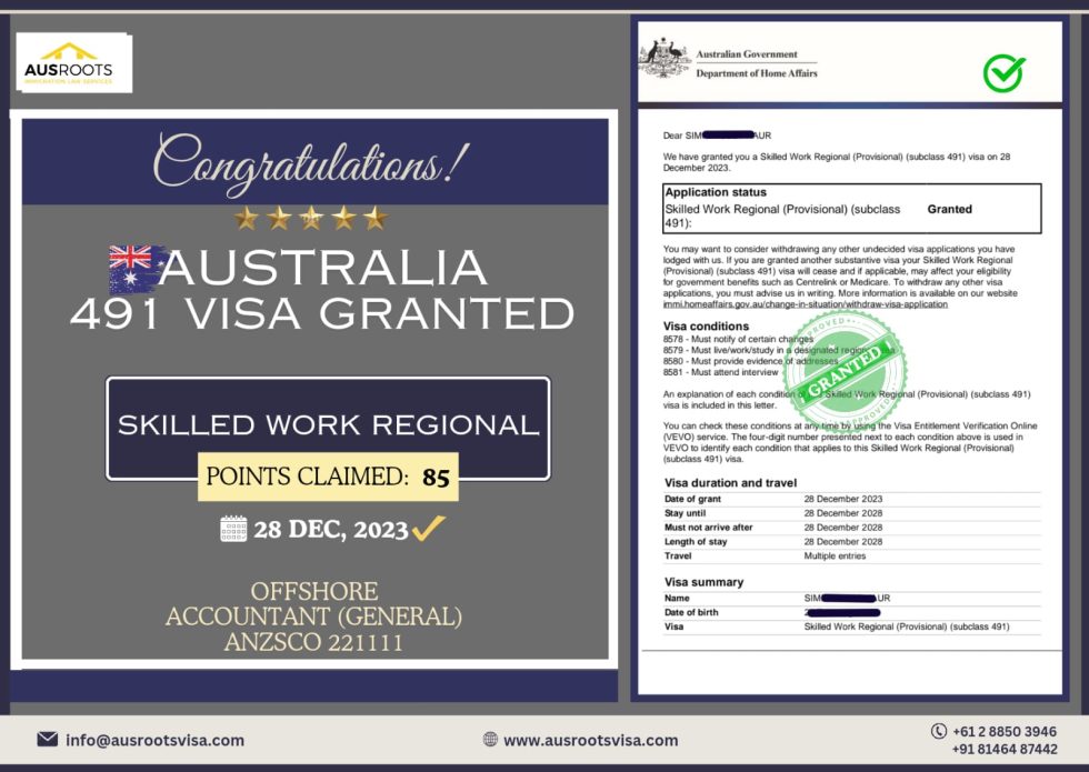 OFFSHORE SKILLED WORK REGIONAL (PROVISIONAL) SUBCLASS 491 VISA GRANTED TO ACCOUNTANT - Ausroots VISA