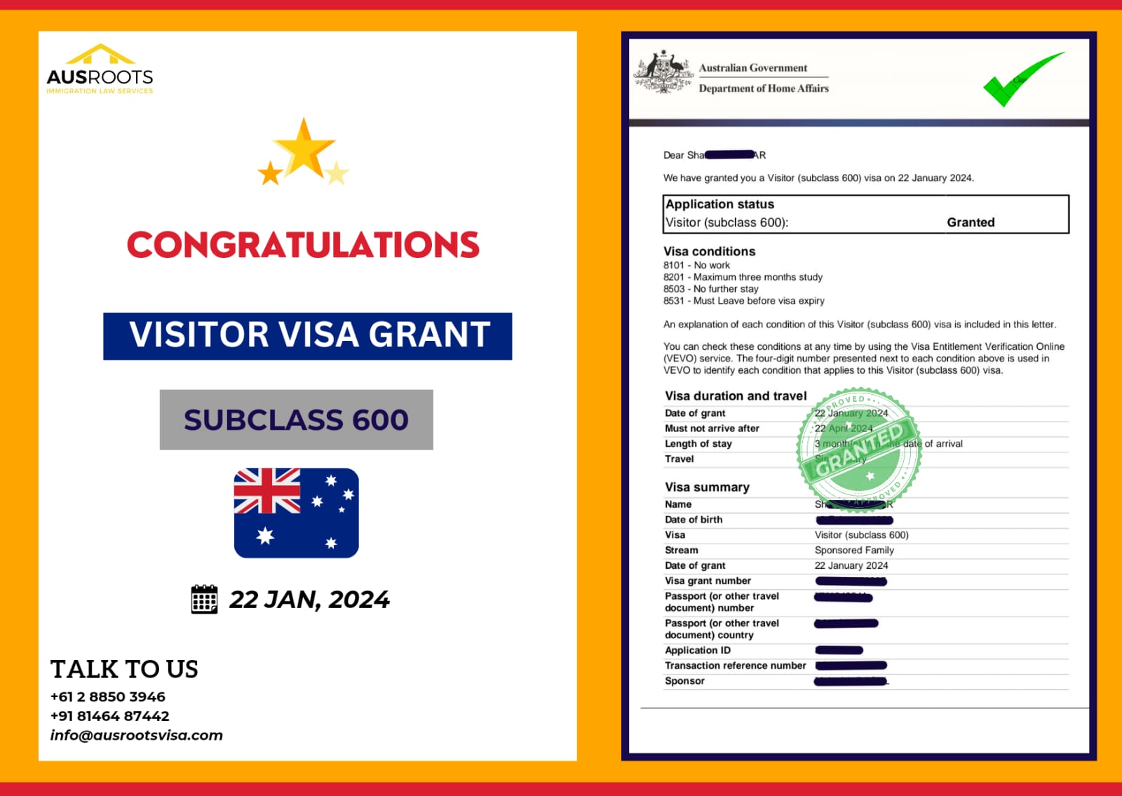 AUSTRALIA VISITOR VISA (SUBCLASS 600) GRANT - Ausroots VISA