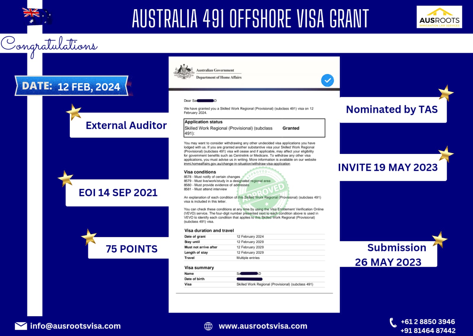 SKILLED WORK REGIONAL (SUBCLASS 491) VISA GRANTED TO OFFSHORE EXTERNAL AUDITOR - Ausroots VISA