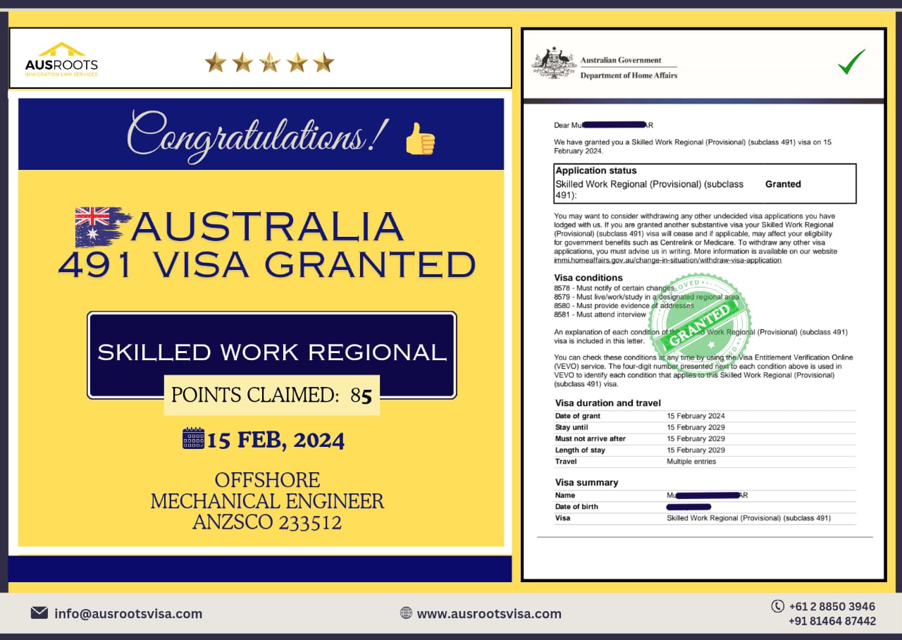 AUSTRALIA SKILLED WORK REGIONAL (SUBCLASS 491) VISA GRANTED TO OFFSHORE MECHANICAL ENGINEER ...