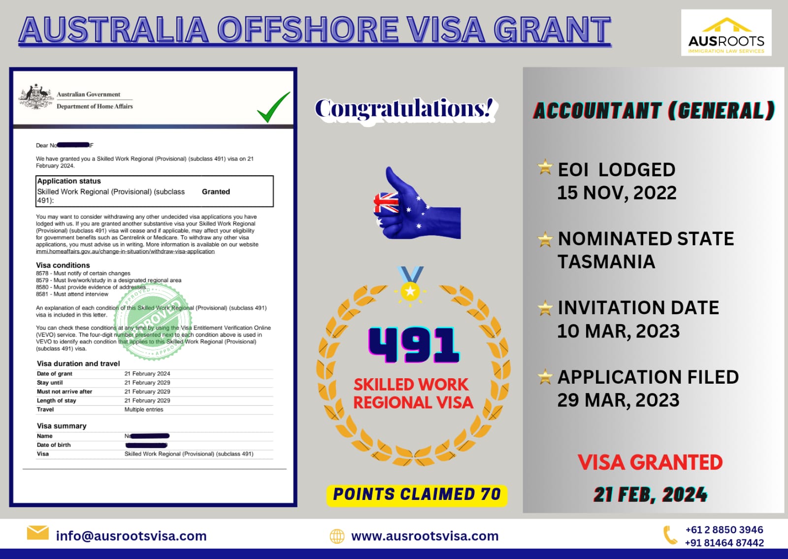 AUSTRALIA SKILLED WORK REGIONAL (SUBCLASS 491) VISA GRANTED TO OFFSHORE ACCOUNTANT AT 70 POINTS ...