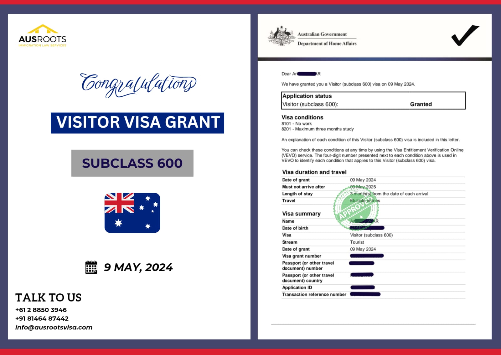 AUSTRALIA VISITOR VISA (SUBCLASS 600) GRANT - Ausroots VISA