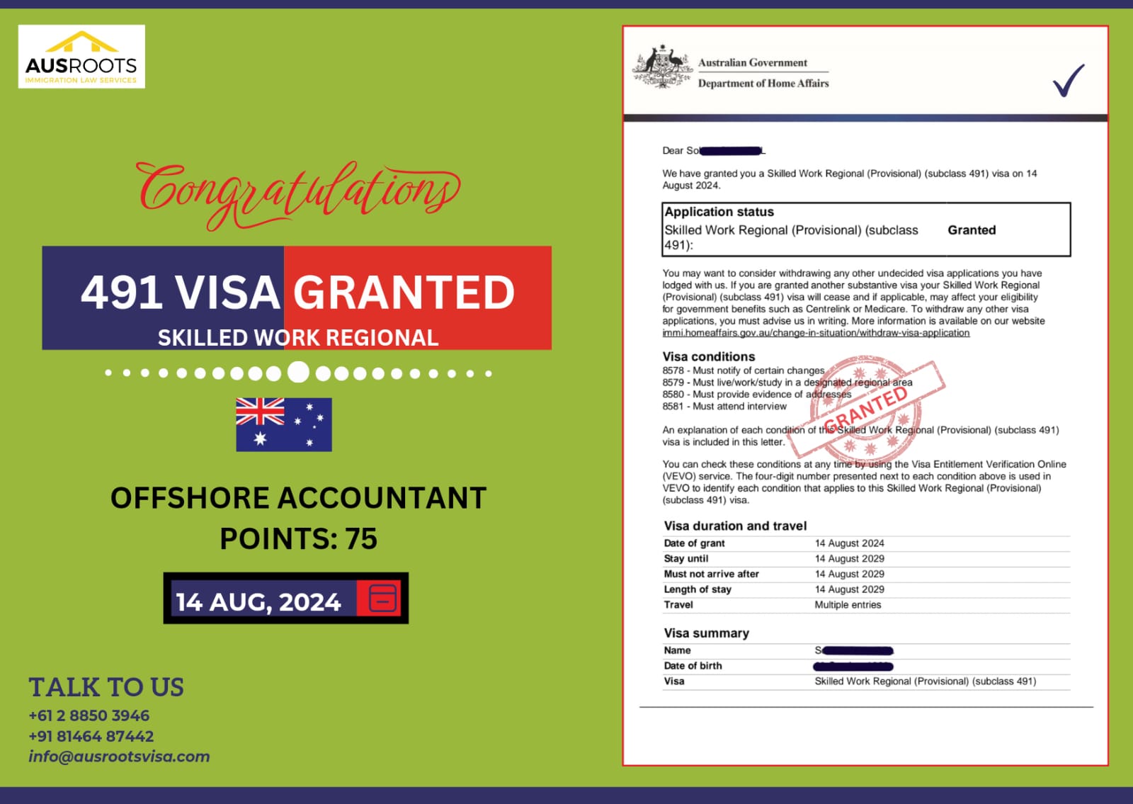 SKILLED WORK REGIONAL (SUBCLASS 491) VISA GRANTED TO OFFSHORE ACCOUNTANT : 14 AUG, 2024 ...