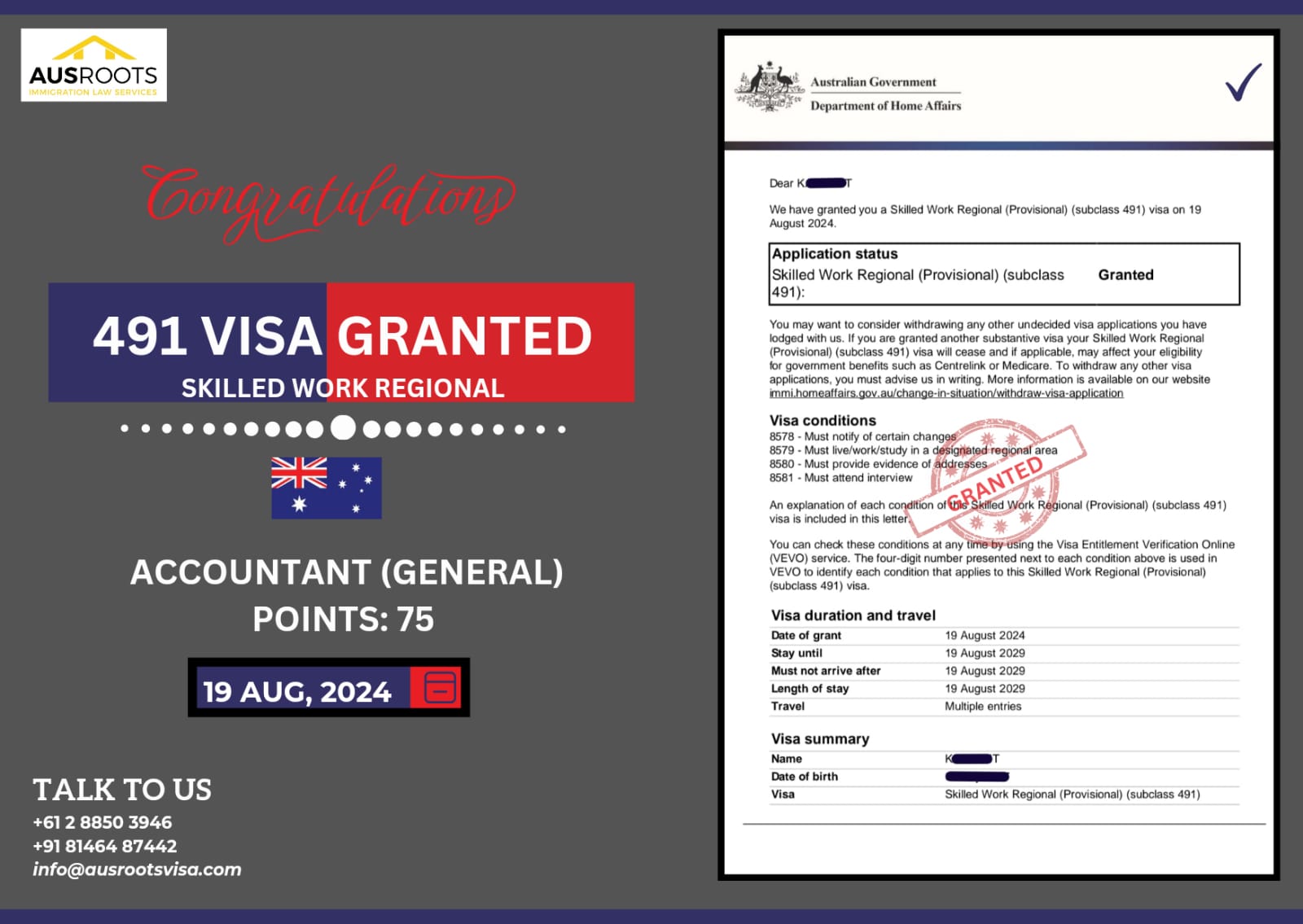 SKILLED WORK REGIONAL (SUBCLASS 491) VISA GRANT TO ACCOUNTANT NOMINATED BY TASMANIA- 19 AUG ...