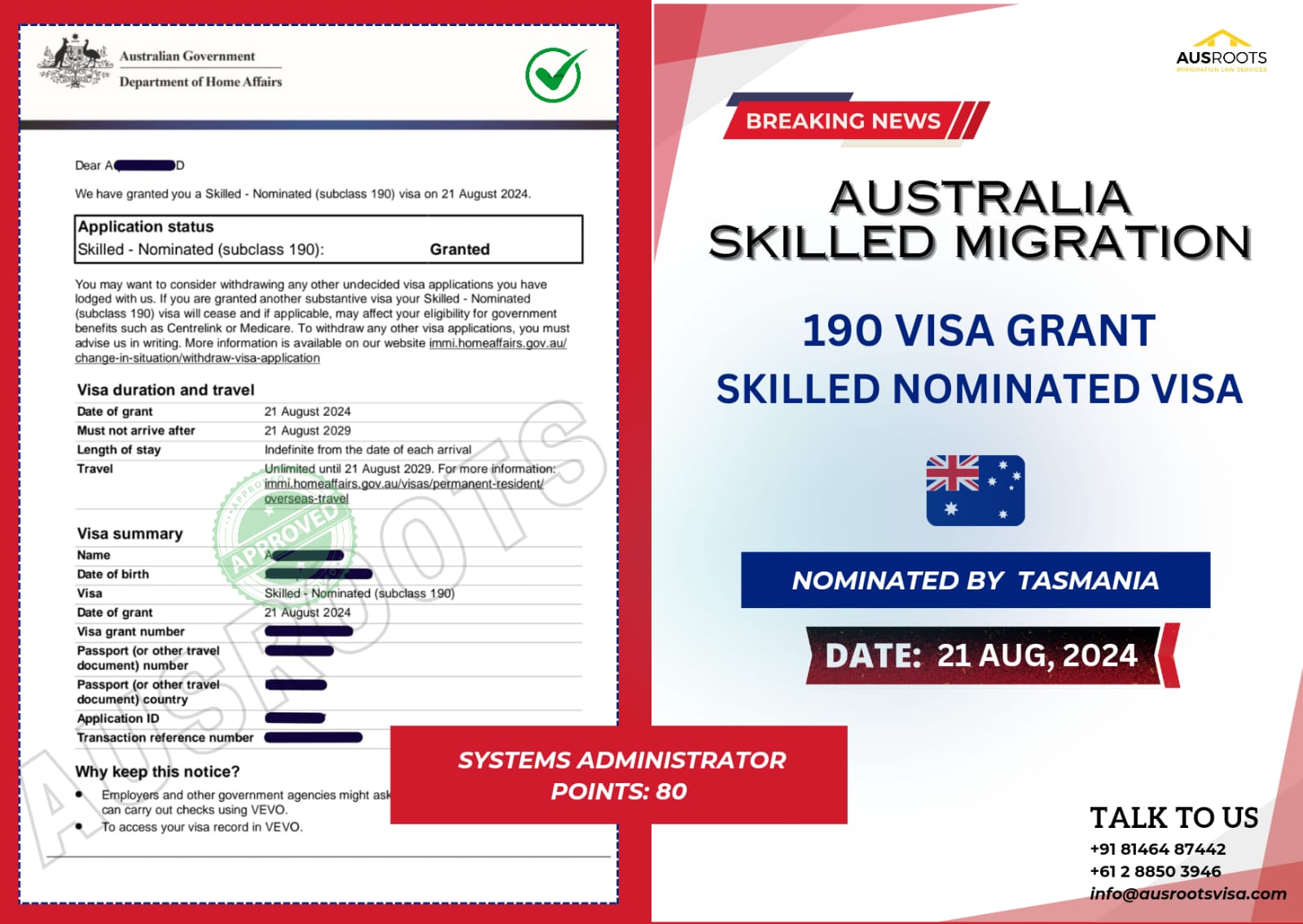 SKILLED NOMINATED (SUBCLASS 190) VISA GRANT- 21 AUG, 2024 - Ausroots VISA