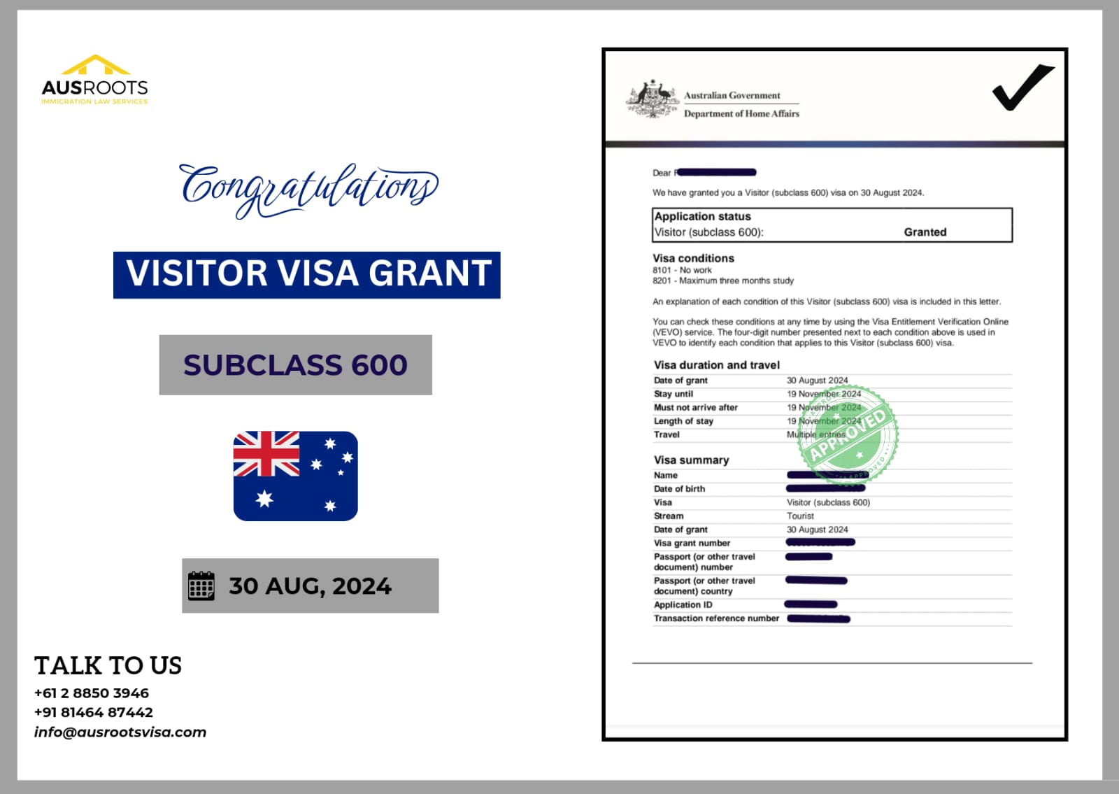 VISITOR VISA (SUBCLASS 600) GRANT - 30 AUG, 2024 - Ausroots VISA