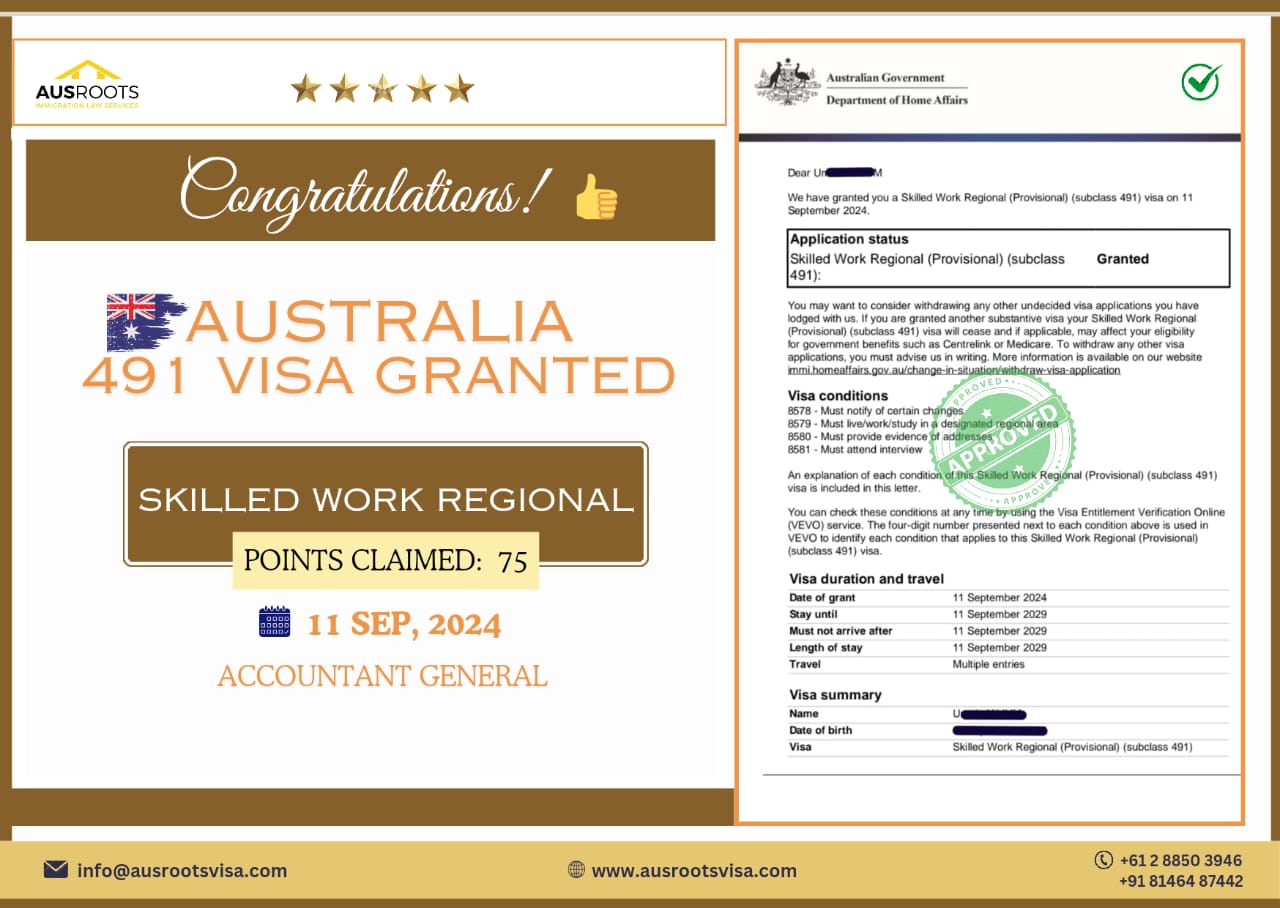 SKILLED WORK REGIONAL (SUBCLASS 491) VISA GRANT- 11 SEP, 2024 ...