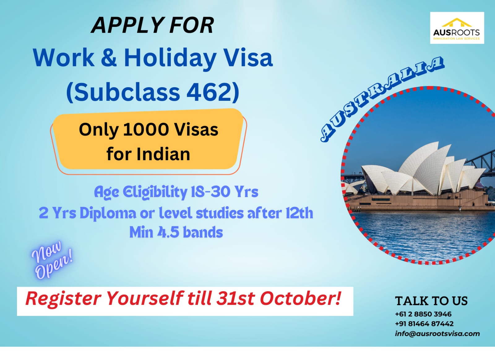 WORK HOLIDAY VISA (SUBCLASS 462)-REGISTRATION OPEN FROM 1ST OCTOBER ...