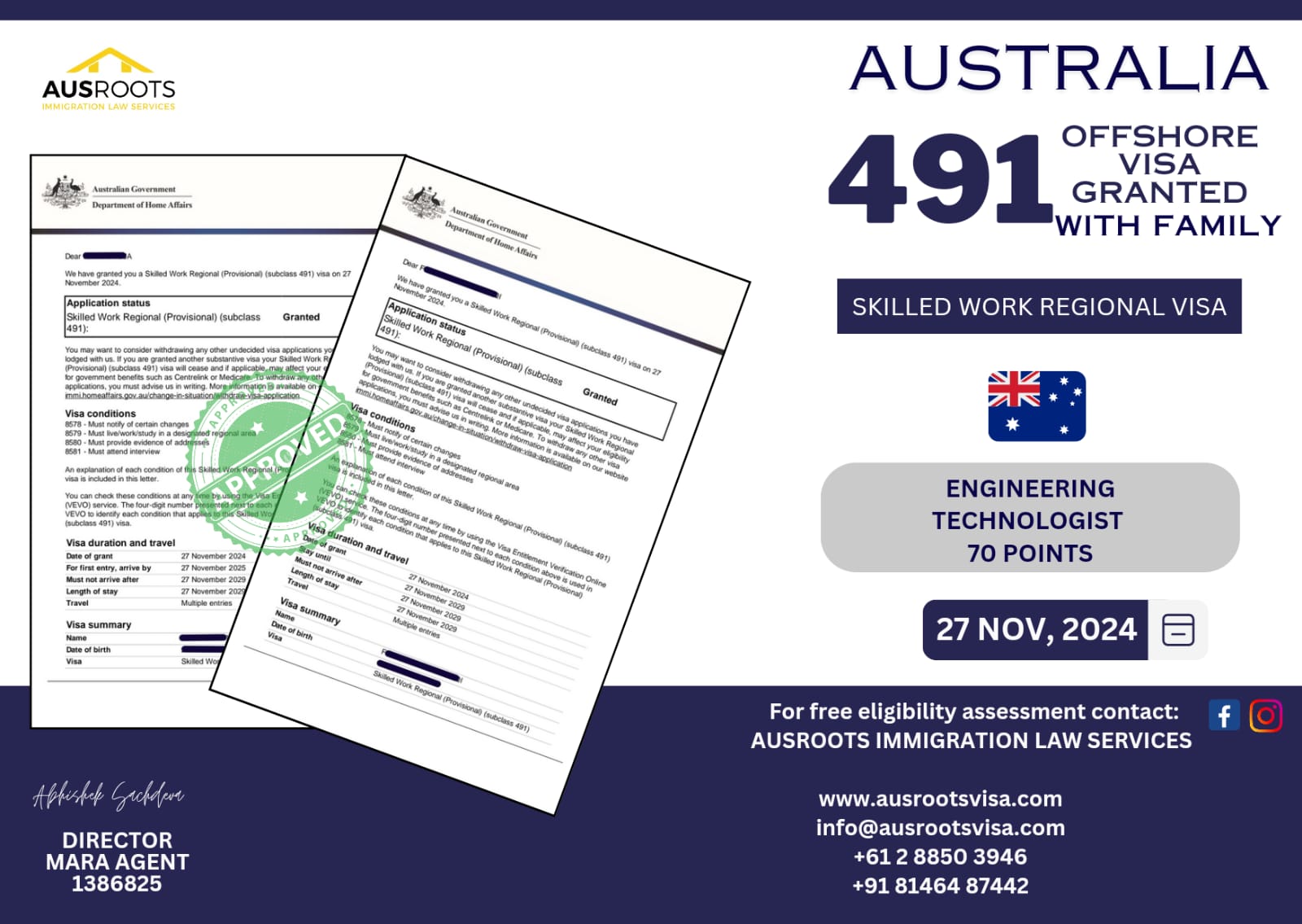 SKILLED WORK REGIONAL (SUBCLASS 491) VISA GRANTED- 27 NOV, 2024 - Ausroots VISA