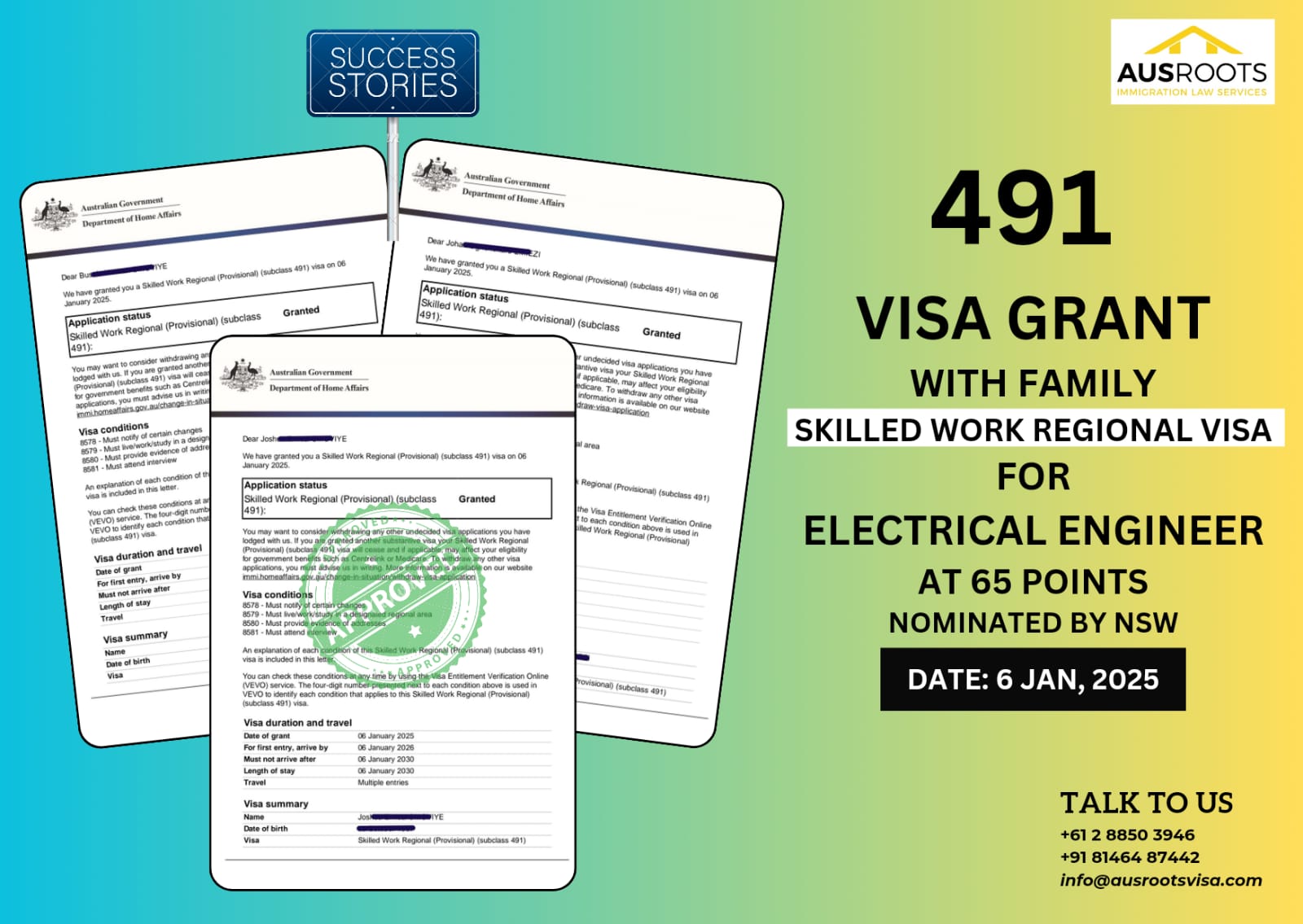 SKILLED WORK REGIONAL (SUBCLASS 491) VISA GRANT FOR ELECTRICAL ENGINEER - 6 JAN, 2025 - Ausroots ...