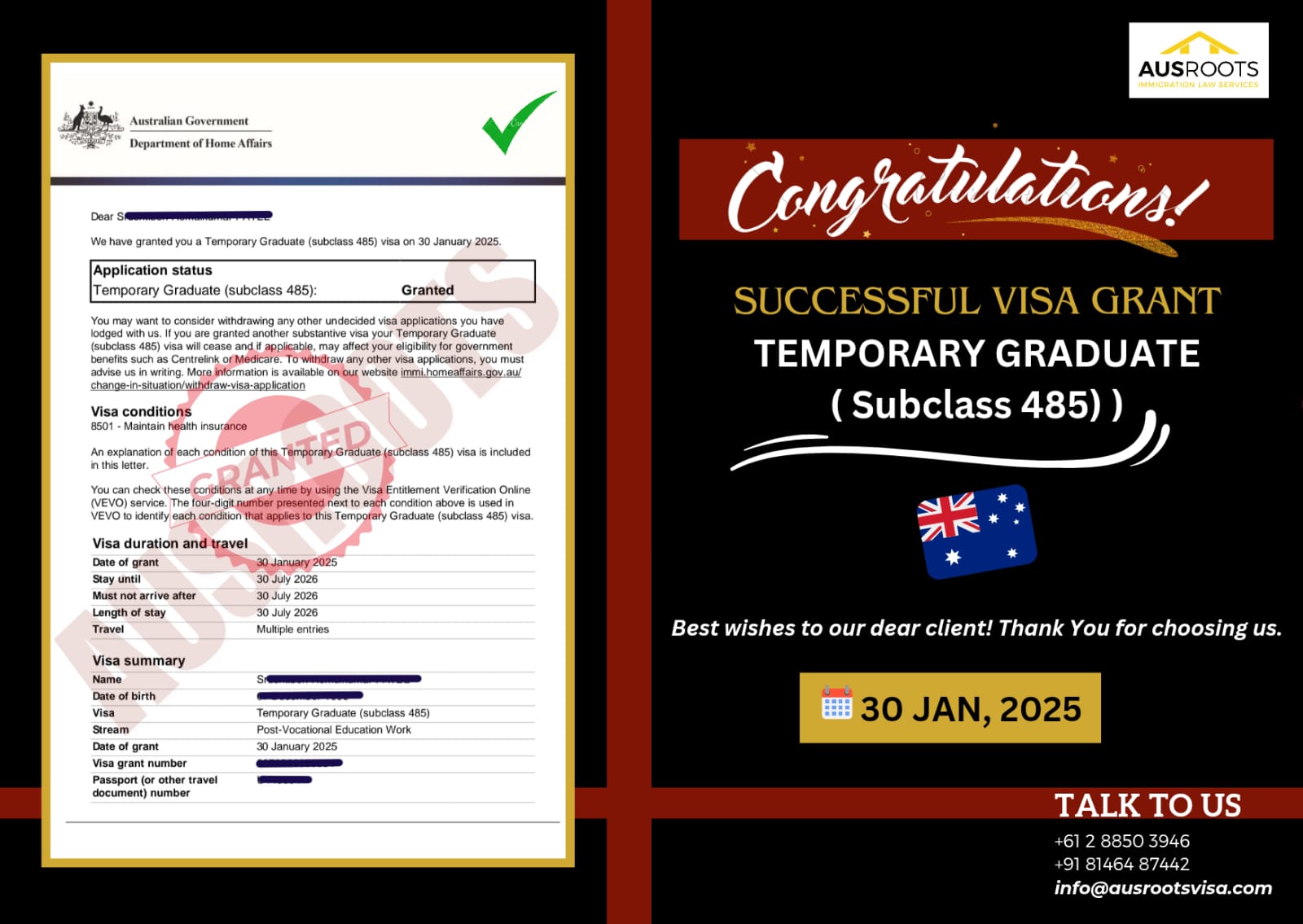 TEMPORARY GRADUATE VISA GRANT (SUBCLASS 485)- 30 JAN, 2025 - Ausroots VISA
